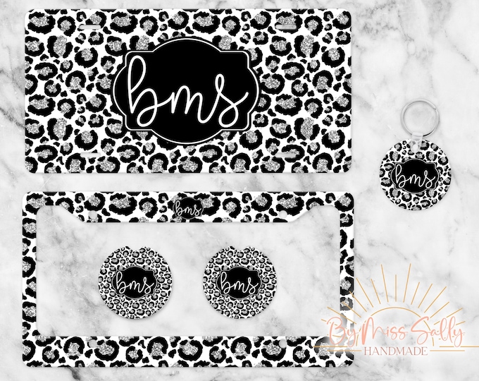 Black and White Leopard Monogram License Plate, Leopard Name Car Tag ...