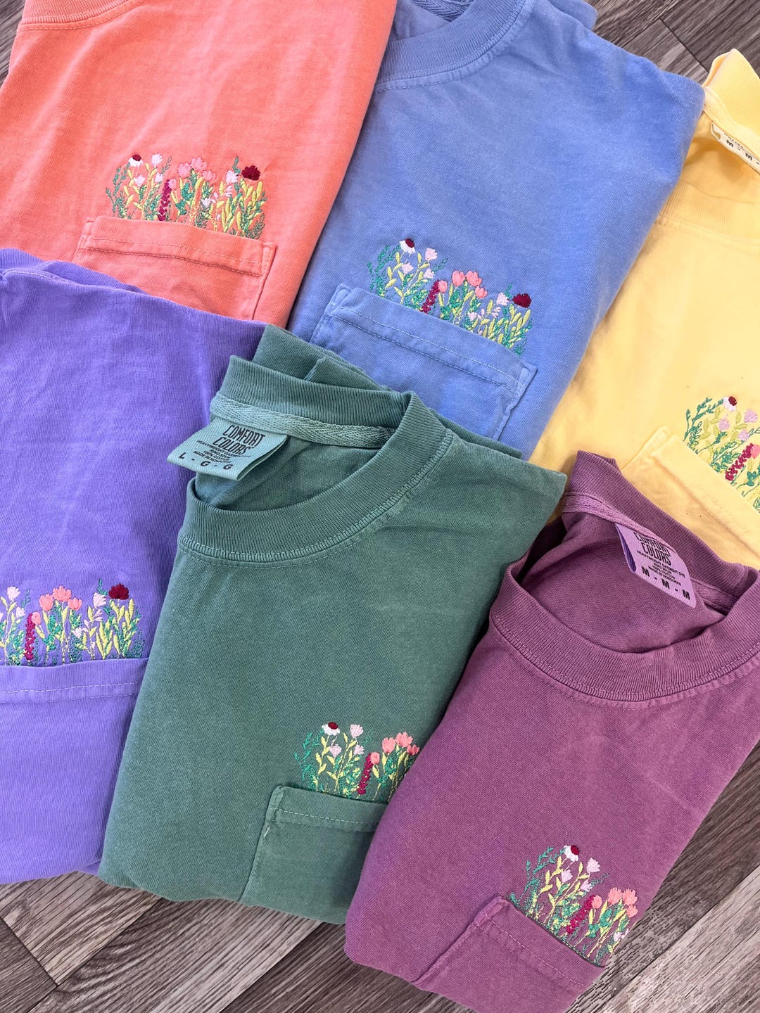 Embroidered Wildflowers Pocket Tee, Cottagecore Tshirt, Comfort Colors ...