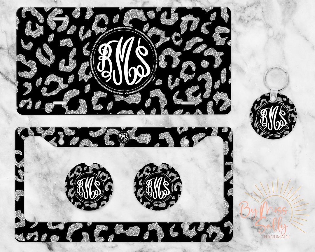 Black Leopard Monogram License Plate, Black and Silver Name Car Tag ...