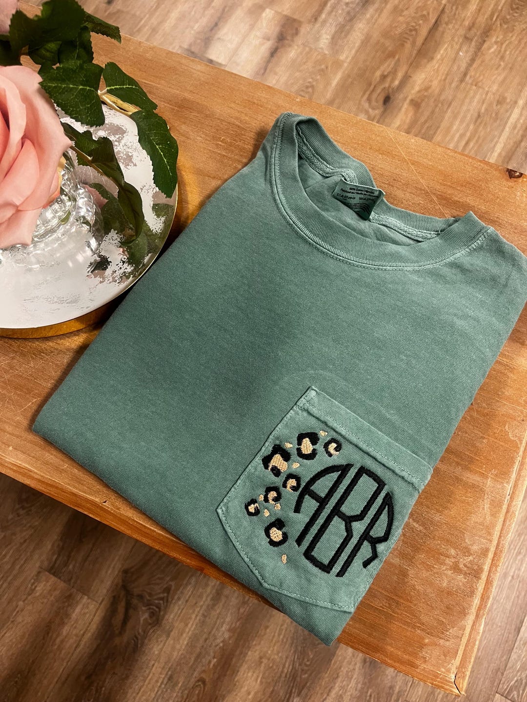 Embroidered Leopard Monogram Pocket Tee, Short Sleeve Monogram Tshirt ...