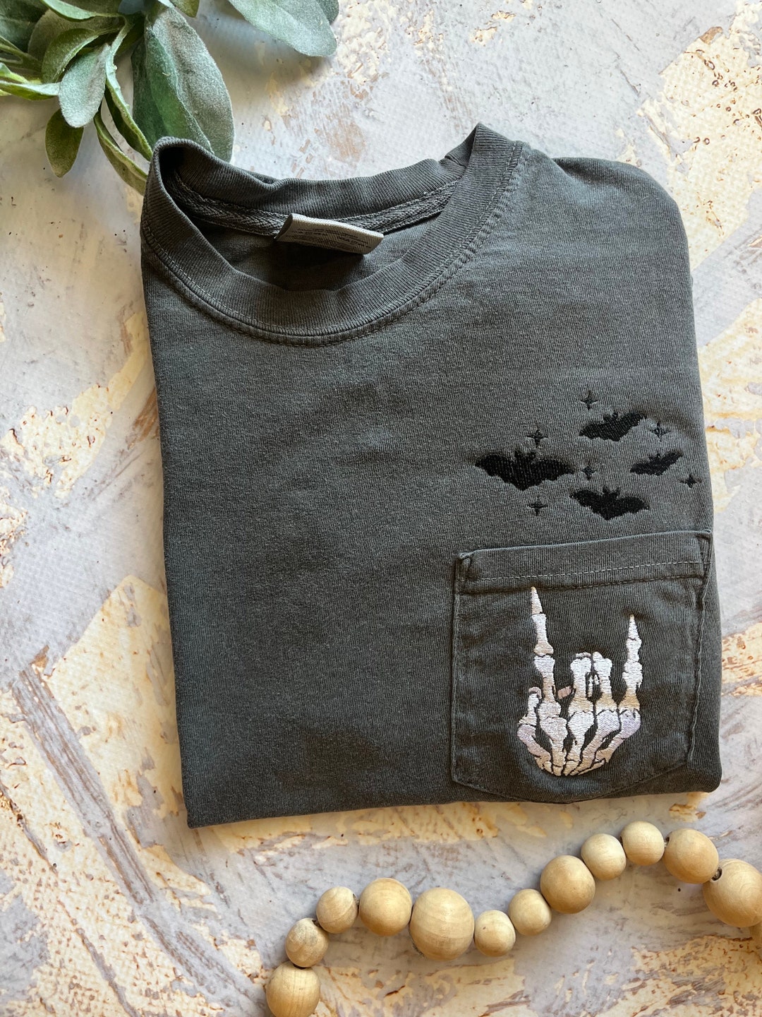 Embroidered Halloween Pocket Tee, Short Sleeve Skeleton Tshirt, Comfort ...