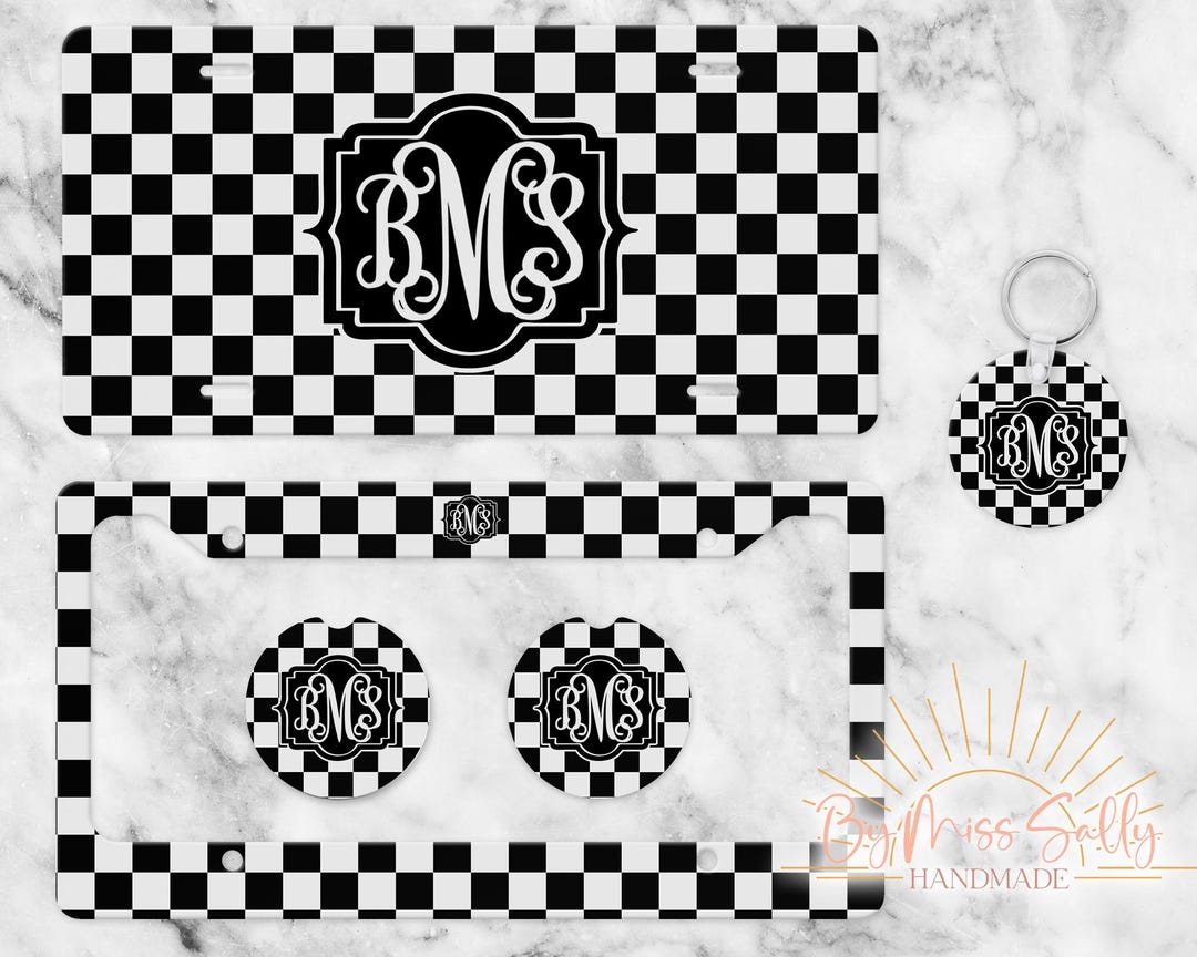Checkered Monogram License Plate, Black and White Name Car Tag, Custom ...