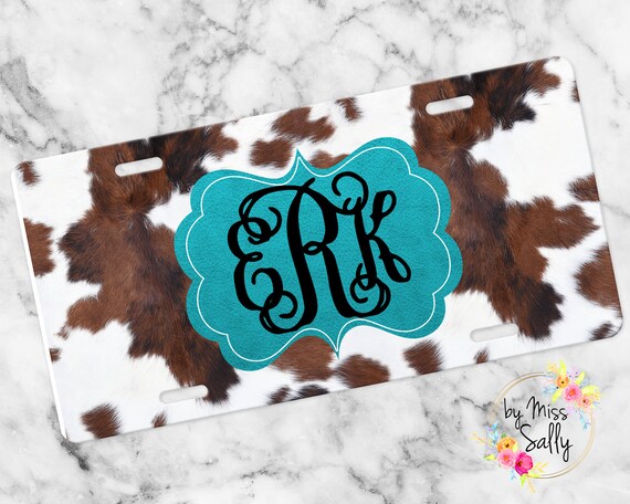 Cow Print Personalized License Plate Turquoise Cow Hide Name | Etsy