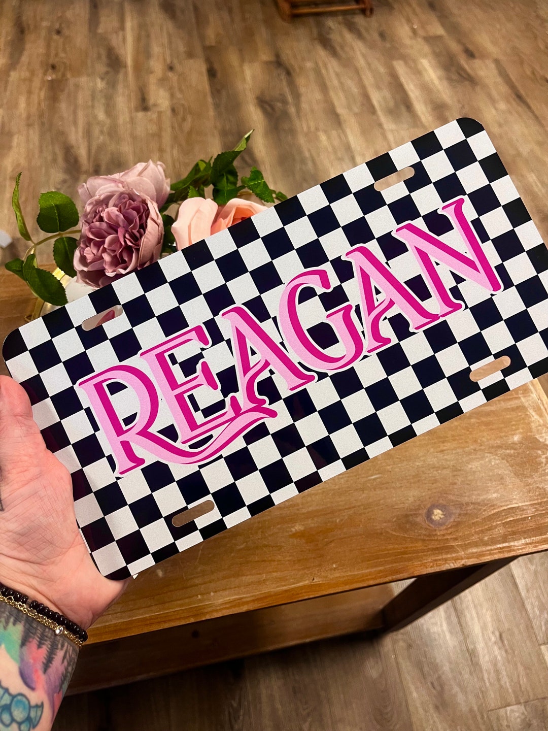 Personalized Car Tag License Plate, Checkered Name Car Tag, Front Car ...