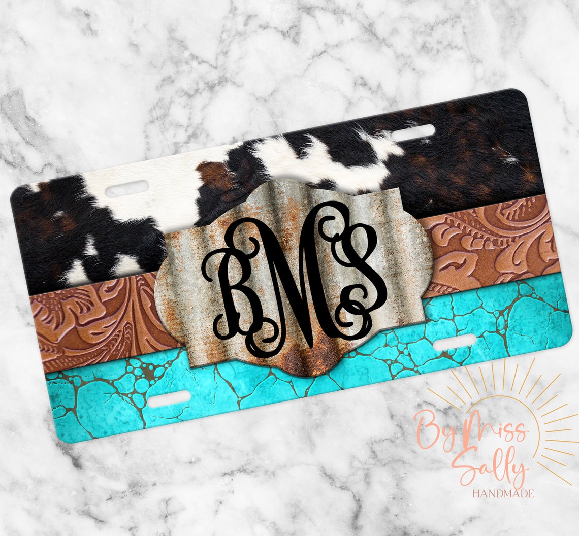 Cow Print Personalized License Plate Turquoise Cow Hide Name - Etsy