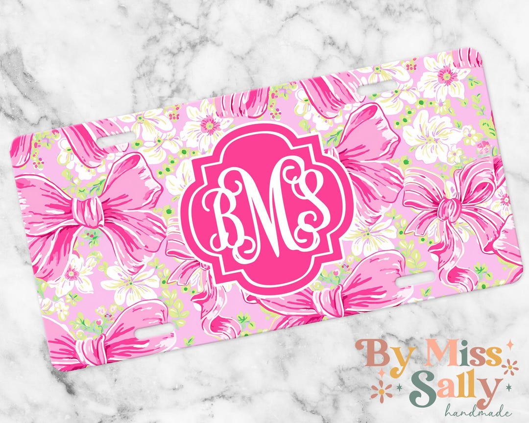 Flower and Bow Coquette Monogram License Plate, Pink Bow Name Car Tag ...
