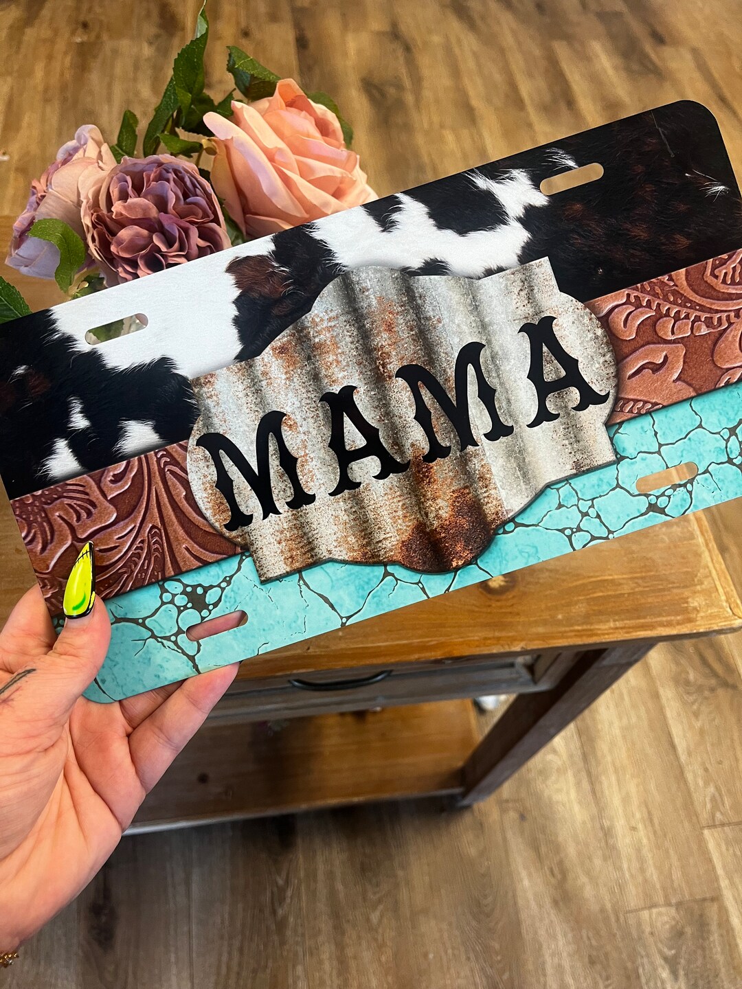 Mama Cowhide License Plate, Custom Car Tag for Women, Car Coasters, Cow ...