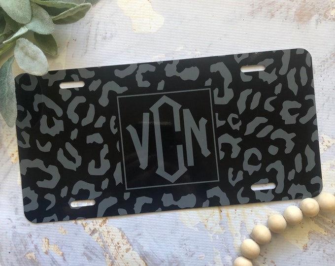 Black Leopard Monogram License Plate, Black Name Car Tag, Front Car Tag ...