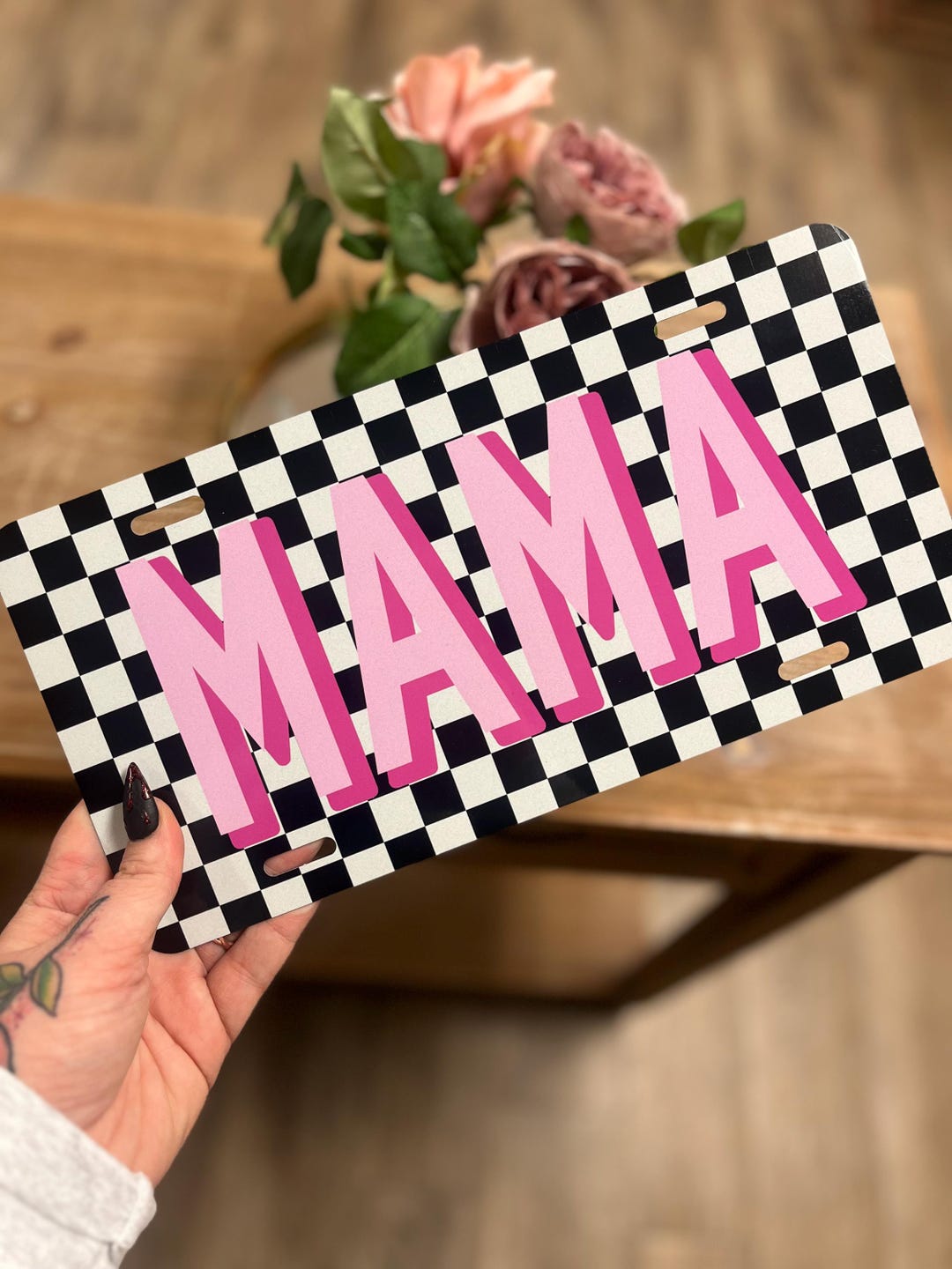 Mama Checkered License Plate, Custom Car Tag for Women, Car Coasters ...