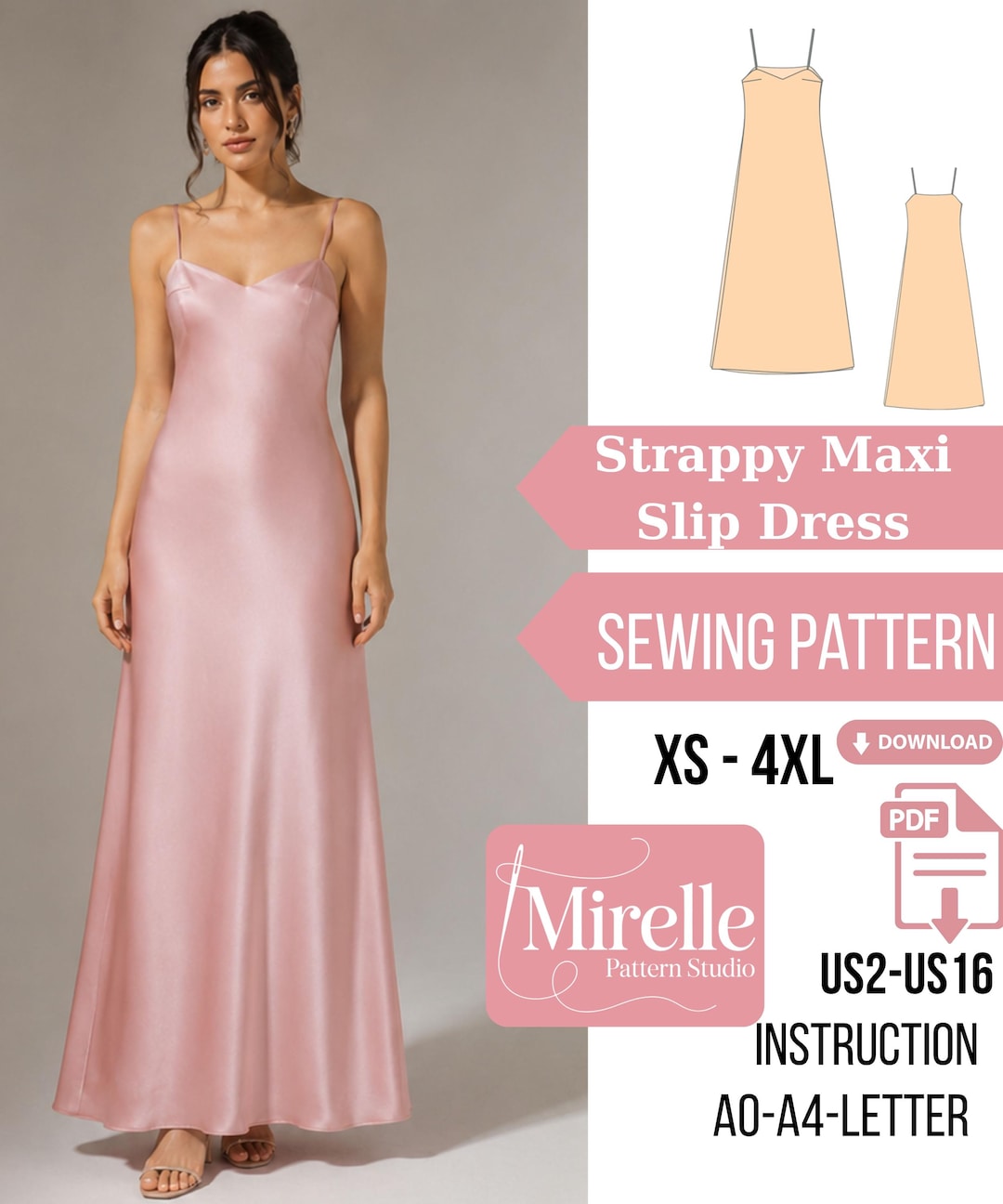 Satin Slip Maxi Dress Sewing Pattern PDF, Elegant Maxi Dress Pattern ...