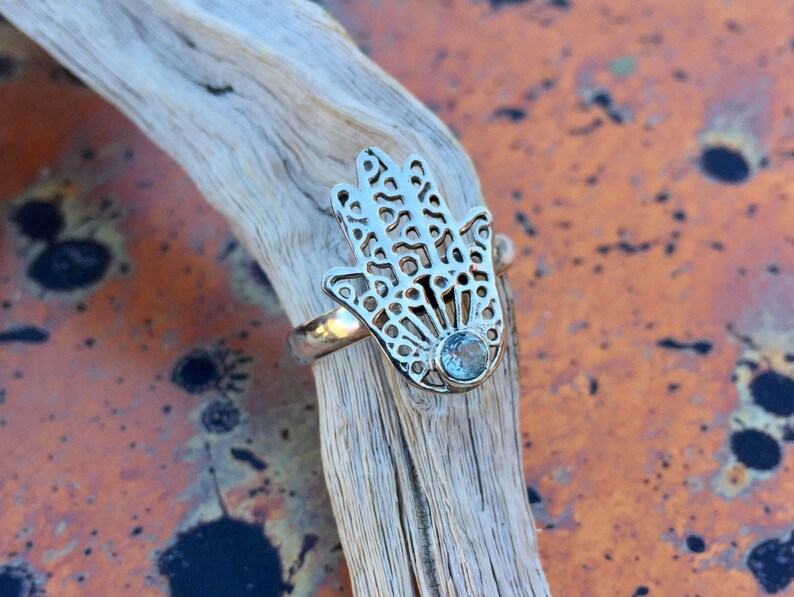 Genuine . Light Blue . Topaz . Hamsa Hand . Sterling Silver . Ring ...