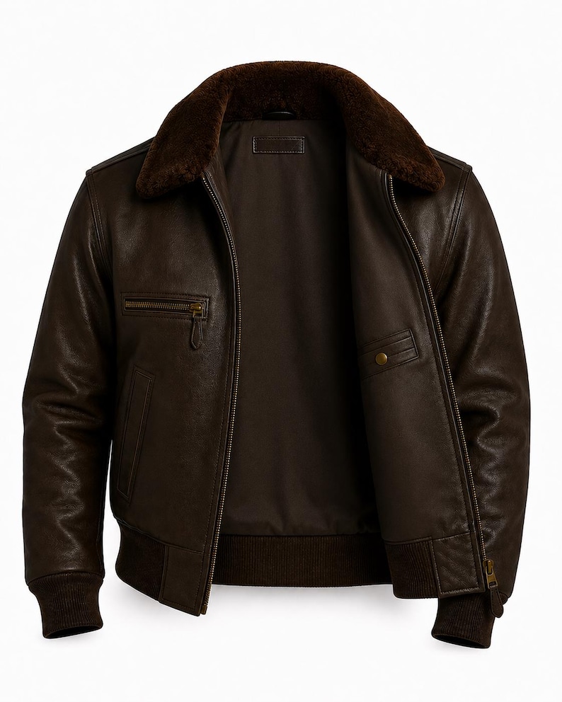 Vintage Brown Leather Bomber Jacket | Shearling Collar Aviator Flight ...