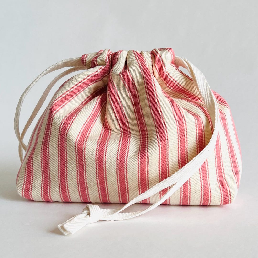 Pink Striped Canvas Drawstring Bag: Small Cotton Storage Gift Pouch ...
