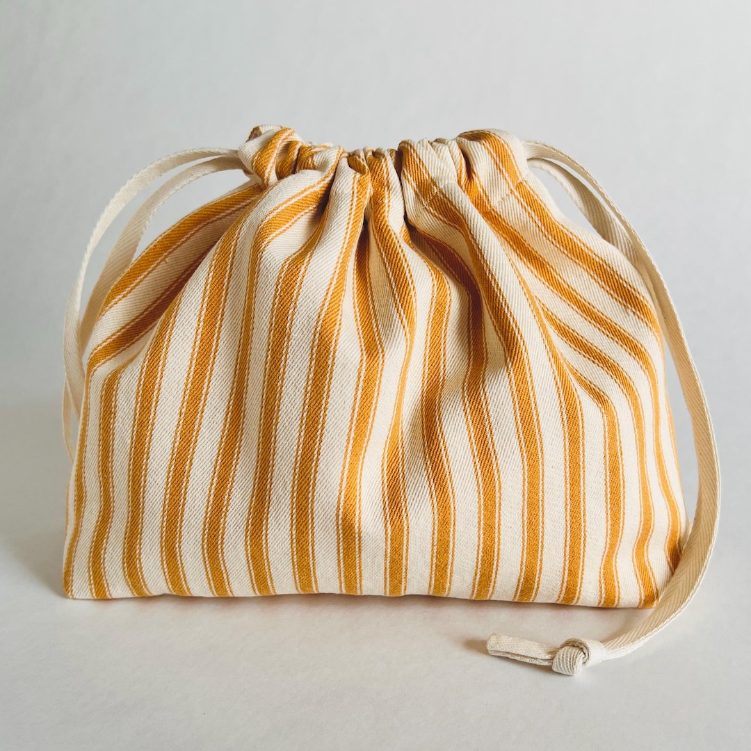 Yellow Striped Canvas Drawstring Bag: Cotton Storage Pouch | Medium ...