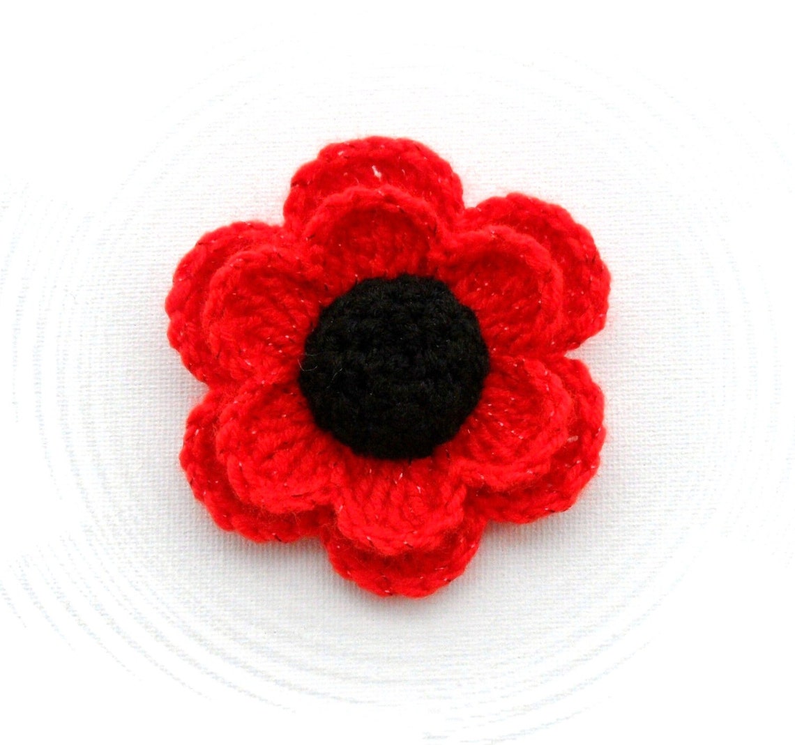 Crochet Poppy Flower Crochet Brooch Red Glitter Flower Crochet Applique ...