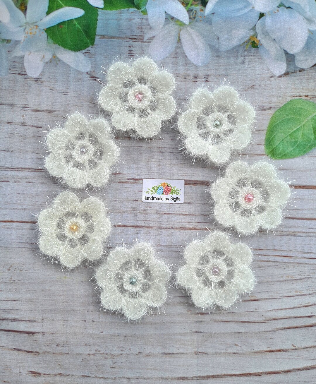 Set of 7 Crochet Flowers - White Flowers - Crochet Flower Brooch ...