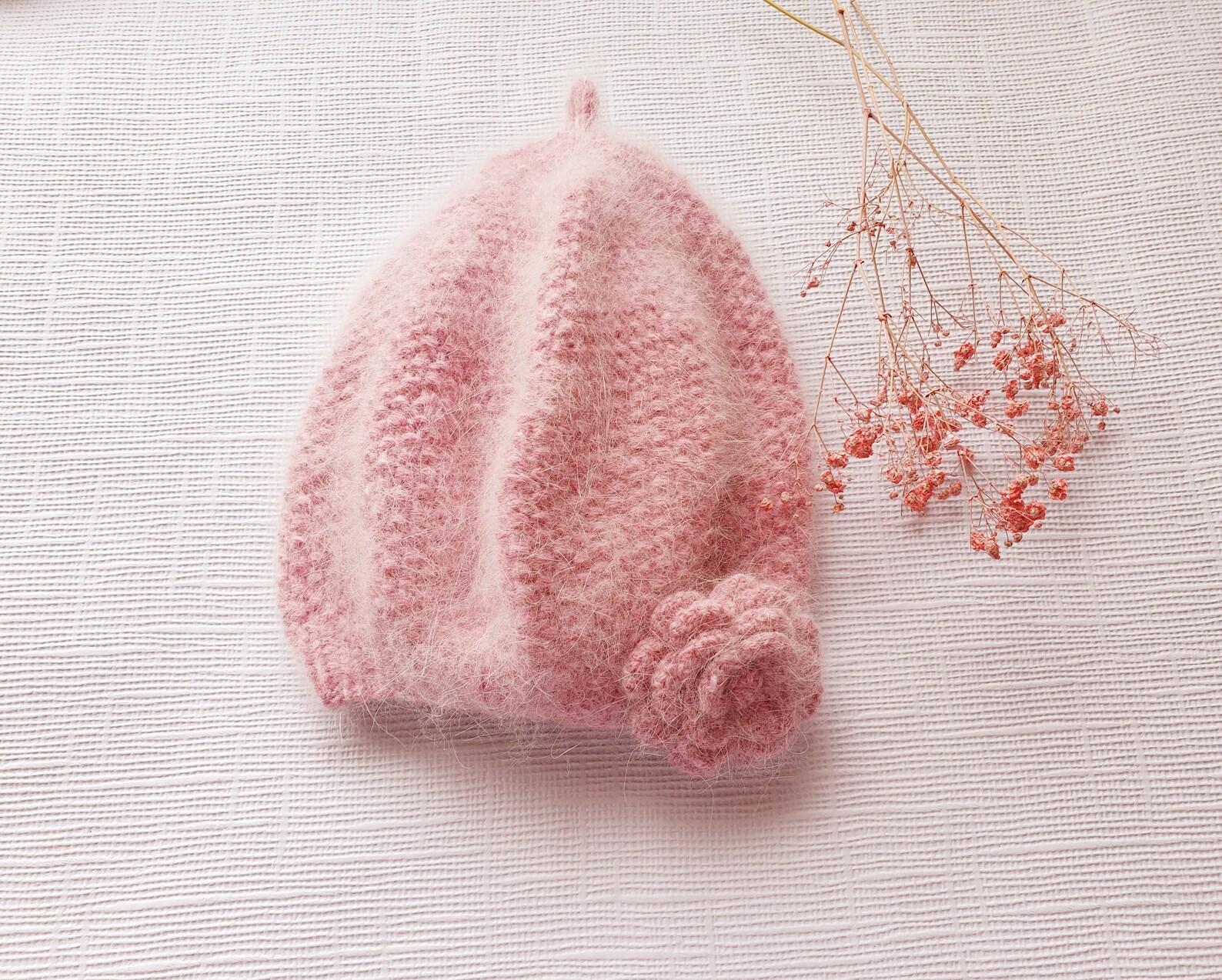Women's Knitted Beret - French Beret - Pink Beret - Angora Rabbit Beret ...
