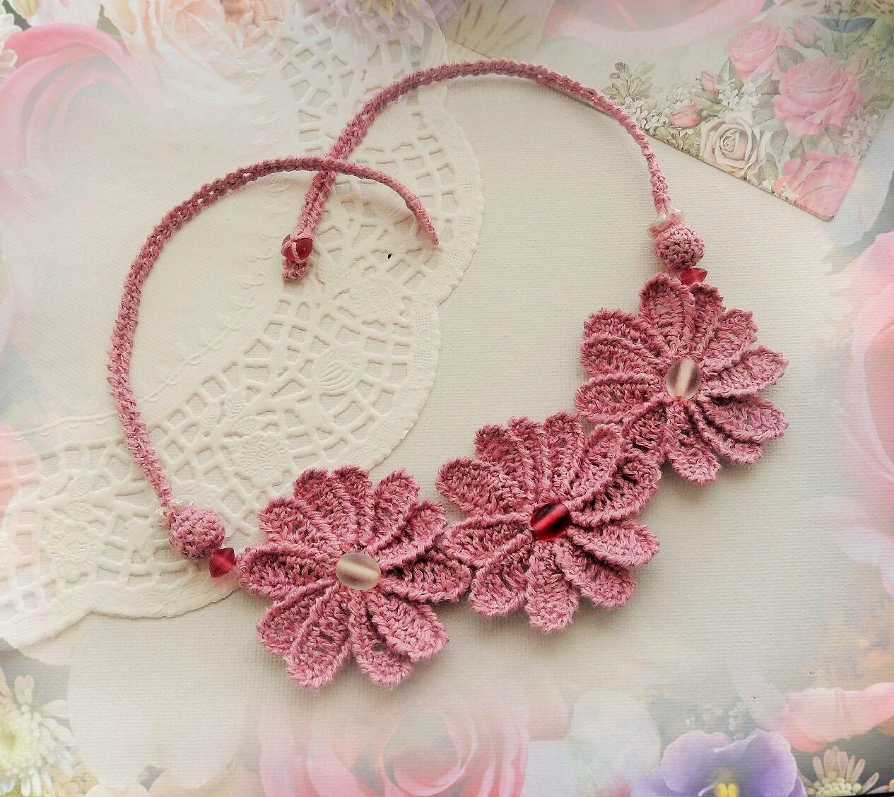 Crochet Necklace - Linen Necklace - Crochet Flowers Necklace - Mauve ...