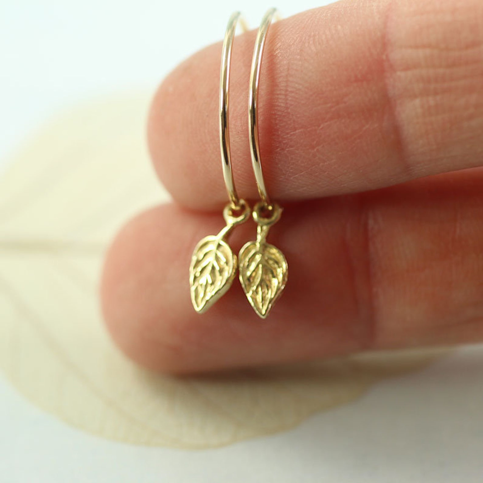 Gold Hoops With Tiny Leaf Dangles 14 Ct Gold Fill Hoop - Etsy