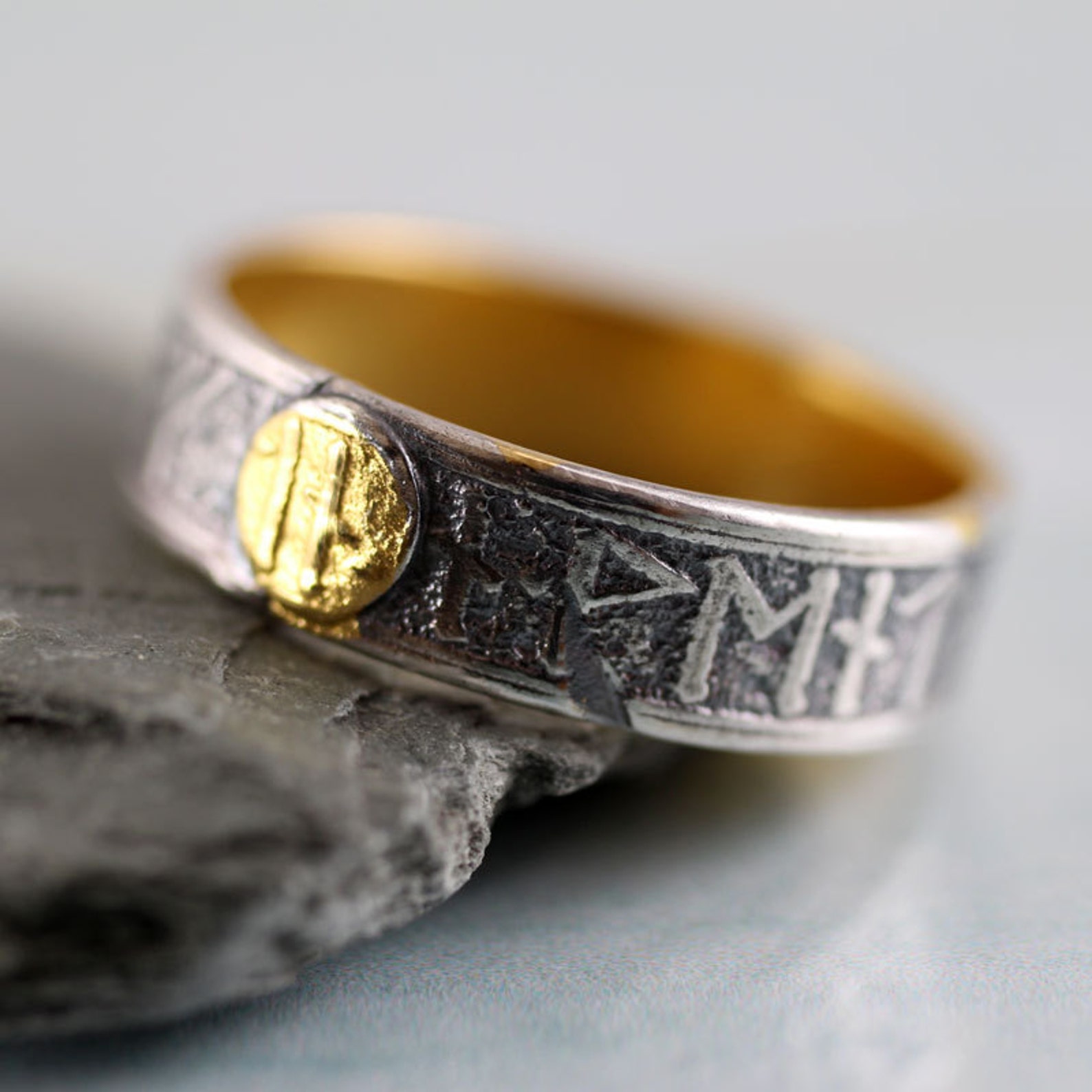 Silver Rune Ring with Gold Details Viking Arthur Wedding Ring | Etsy