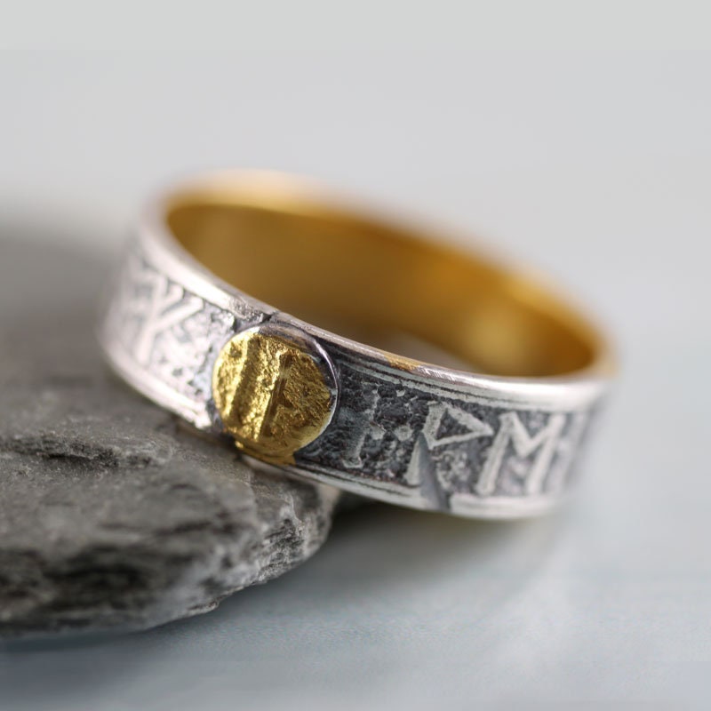 Silver Rune Ring with Gold Details Viking Arthur Wedding Ring | Etsy