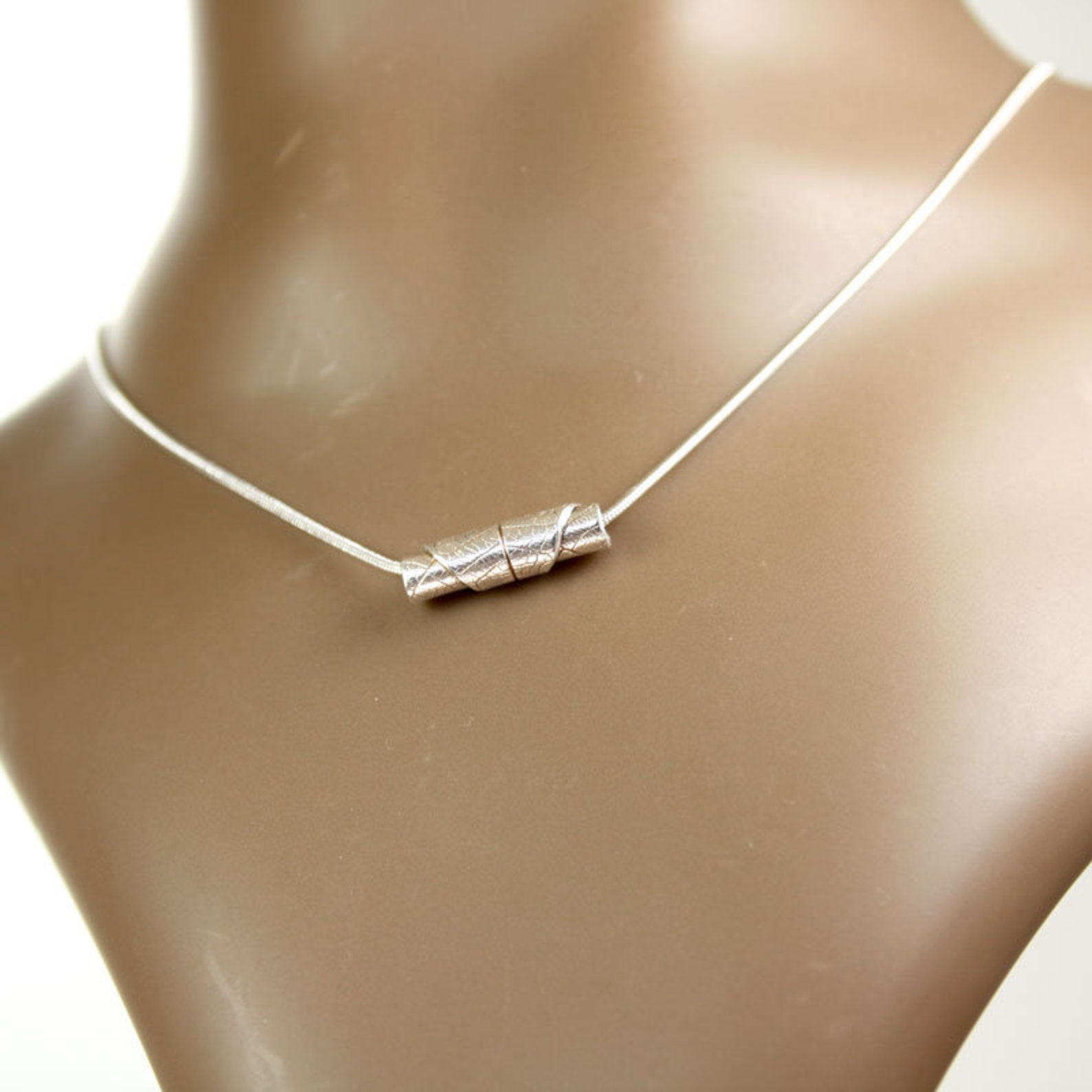 Silver Leaf Tube Bead - Nature Pendant With Skeleton Leaf Impression - Etsy