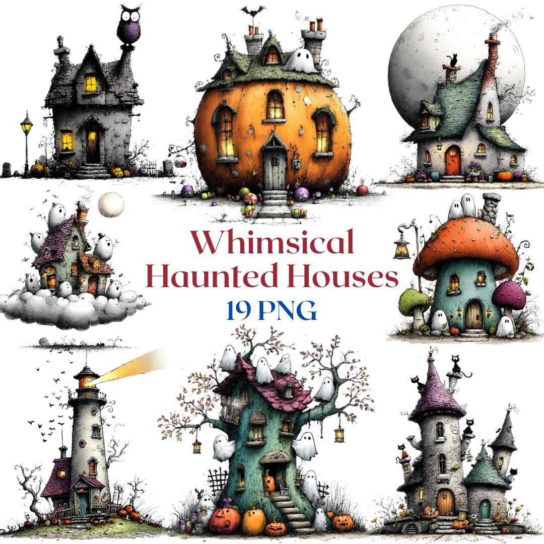 Whimsical Haunted House Clipart Bundle, Cute Halloween Mansion ...