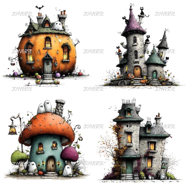 Whimsical Haunted House Clipart Bundle, Cute Halloween Mansion ...