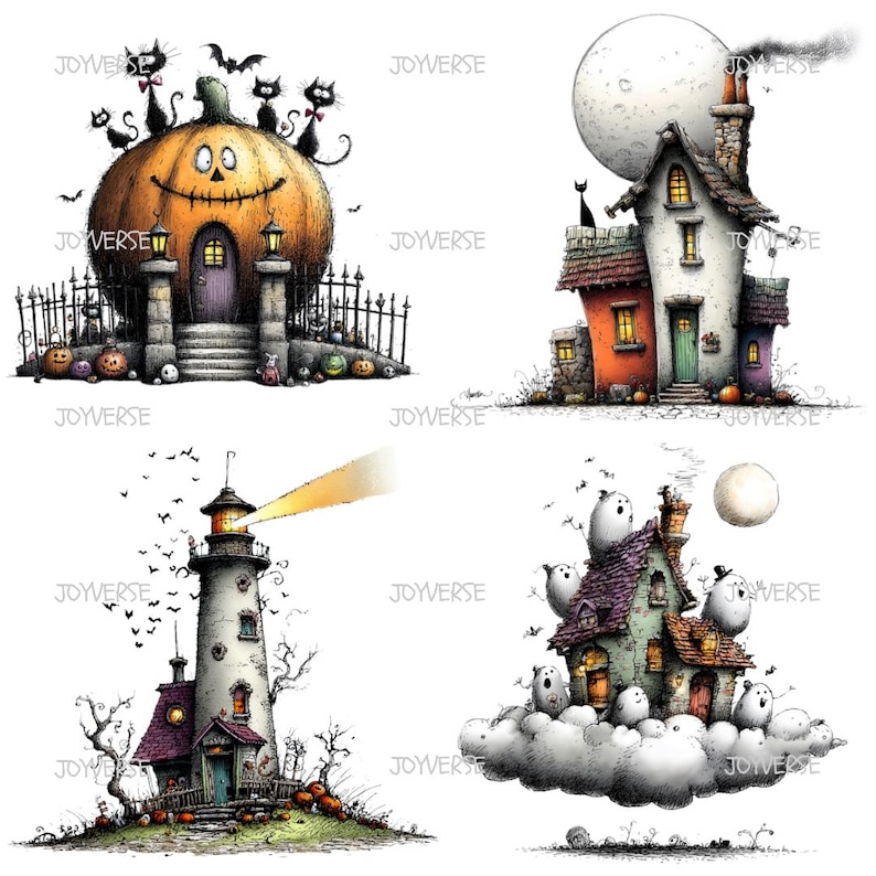 Whimsical Haunted House Clipart Bundle, Cute Halloween Mansion ...