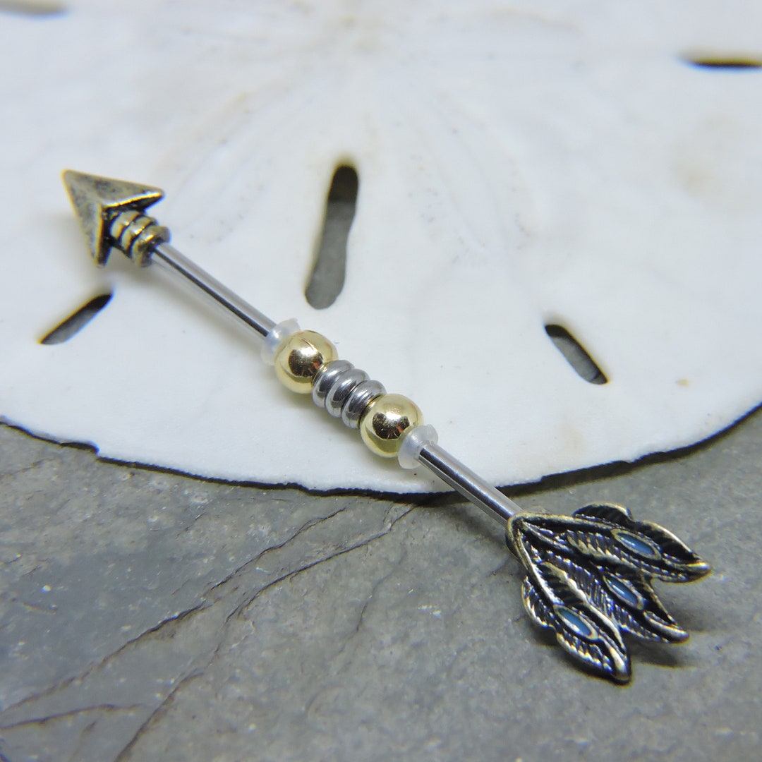 Gold Feather Arrow Industrial Barbell 14G Beaded Scaffold Bar - Etsy