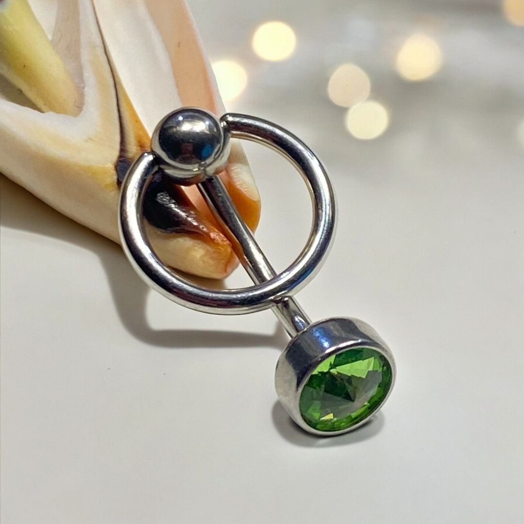 Peridot Green CZ and Surgical Vertical Hood Piercing Barbell VCH 14G 12G 10G 8G Straight or ...