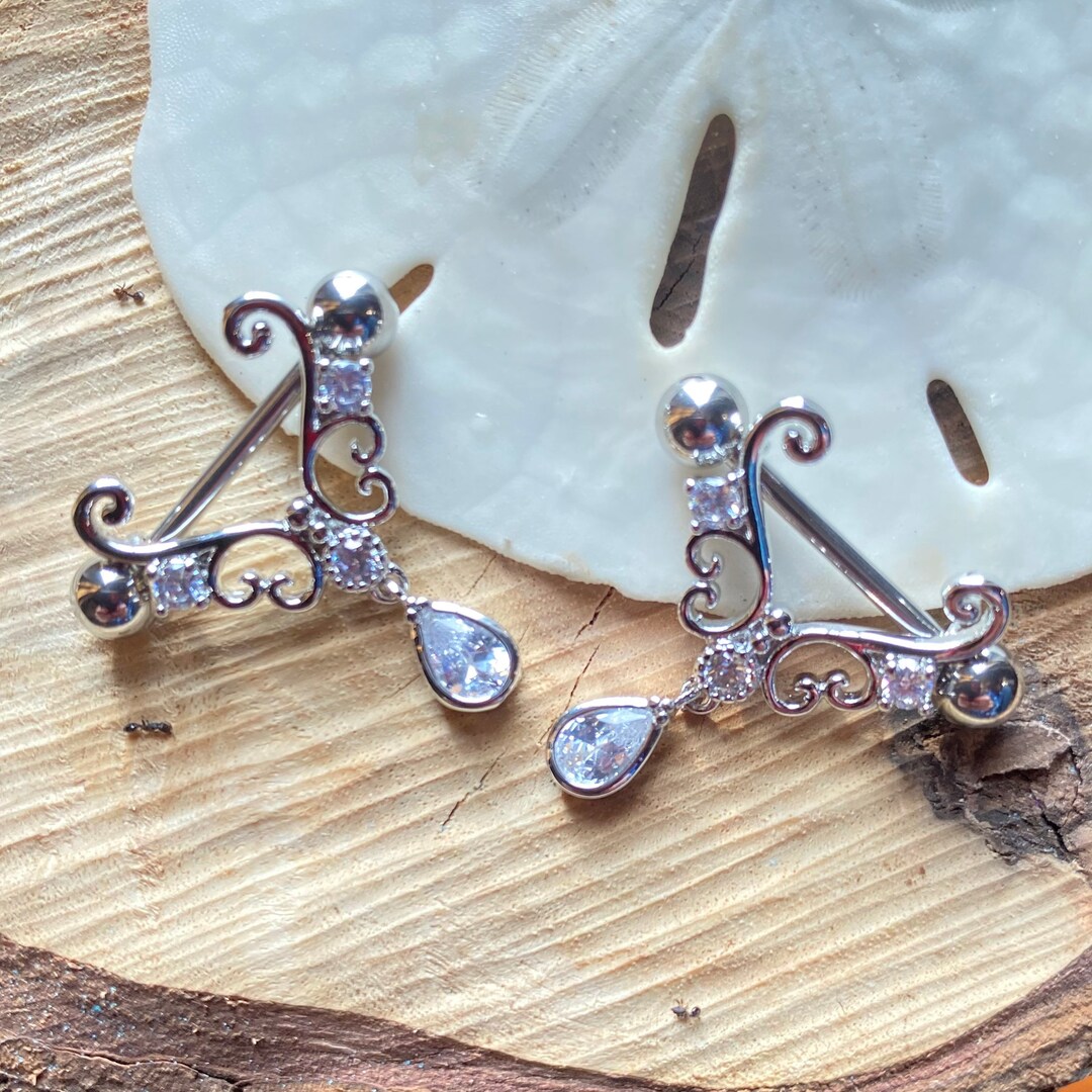 Fancy Swirl Crystal Drop Nipple Shields Stirrups Rings SET of 2 - 16G ...