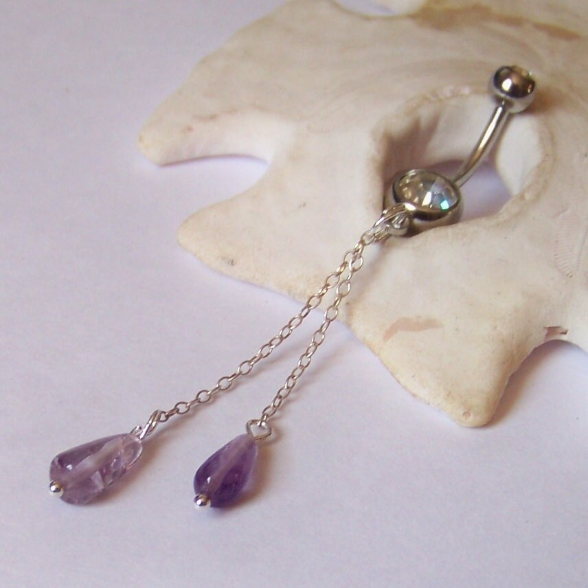 Long Belly Button Ring Amethyst and Sterling Chain Belly | Etsy