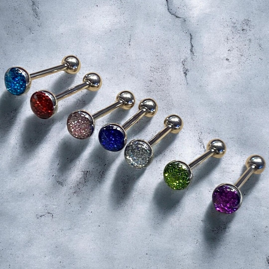 Tongue Barbell 14G 12G 10G 8G Straight Bar GLITTER Top Jeweled Piercing ...