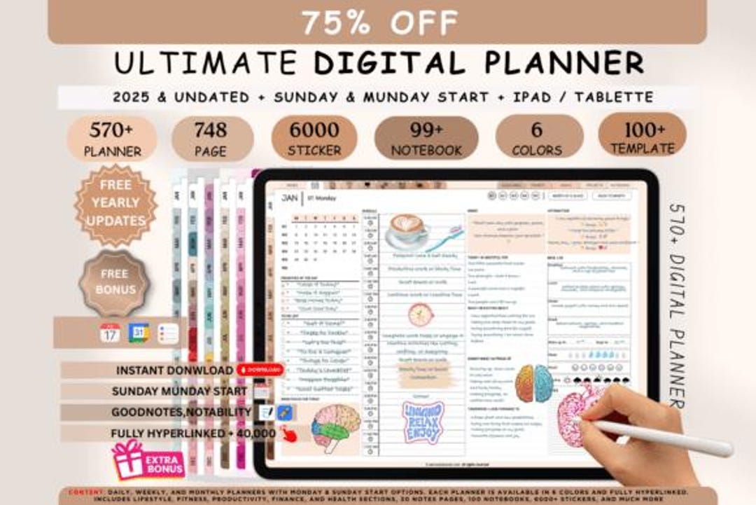 Blue 2025 & Undated Digital Planner, Goodnotes iPad Planner ...