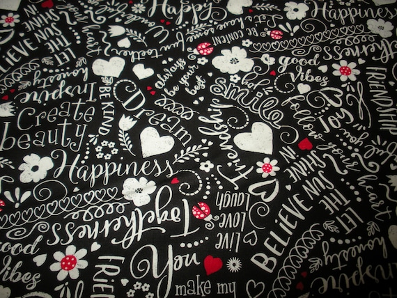 1 Yard of Happy Word Scribbles / Black Background Fabric by | Etsy
