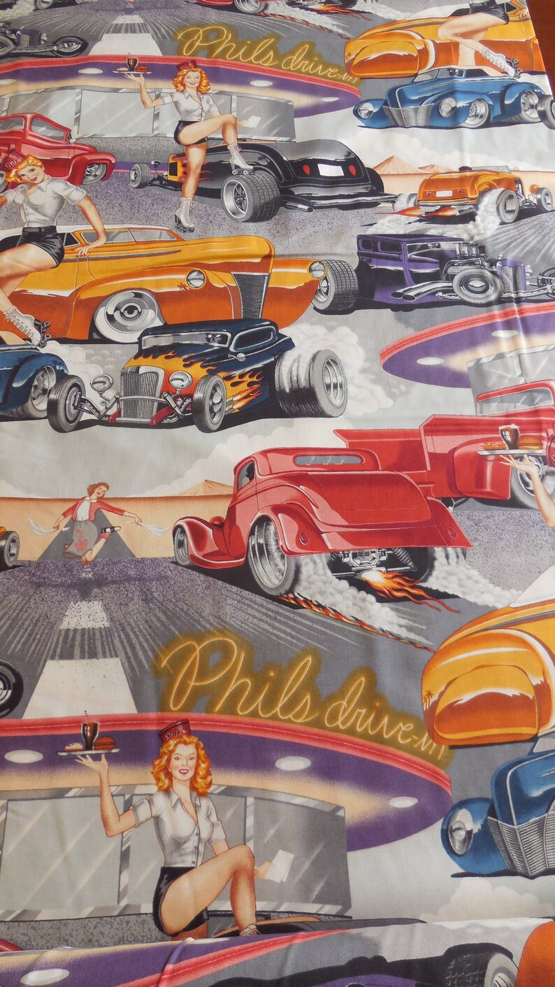 Phil's Drive in Pin-up Fabric - Vintage Background - Alexander Henry ...