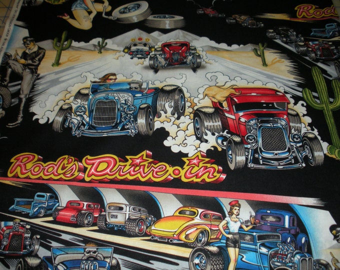 Rod's Drive in Drag Race Fabric Black Background Alexander Henry 1 & 1/ ...