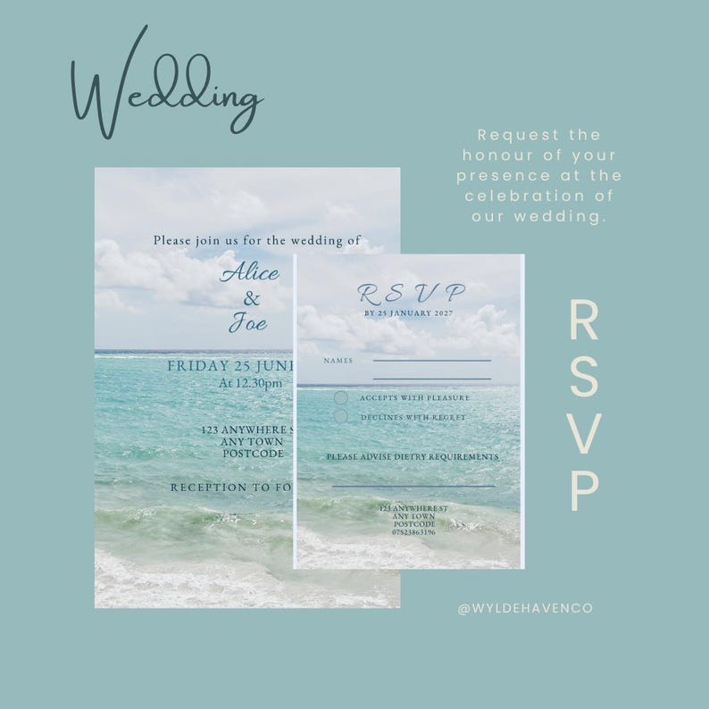 Coastal Wedding Invitation Template Set | Editable Canva Invite & RSVP ...