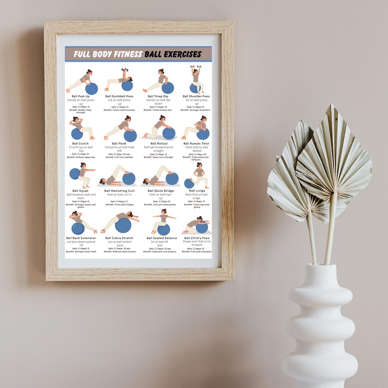 Full Body Fitness Ball Exercises Chart, Stability Ball Workout Poster ...