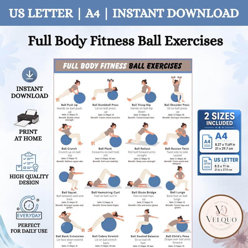 Full Body Fitness Ball Exercises Chart, Stability Ball Workout Poster ...