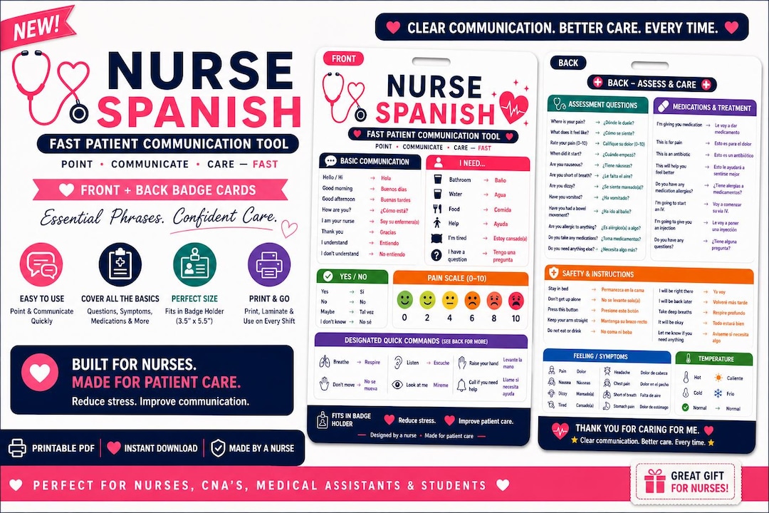 Nurse Spanish Cheat Sheet Printable | Medical Spanish for Nurses CNA ...