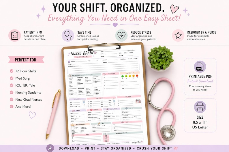 Med Surg Nurse Brain Sheet | 12 Hour Shift Report Template (PDF) - Etsy