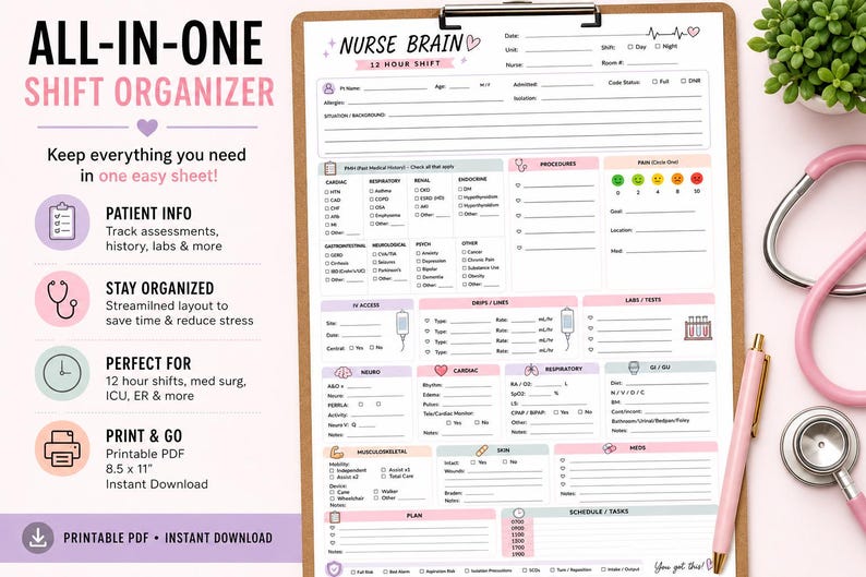 Med Surg Nurse Brain Sheet | 12 Hour Shift Report Template (PDF) - Etsy