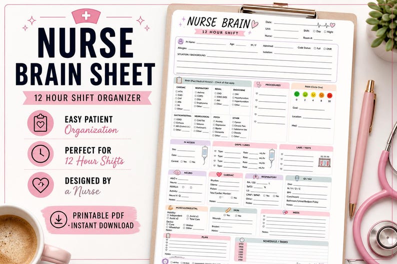 Med Surg Nurse Brain Sheet | 12 Hour Shift Report Template (PDF) - Etsy