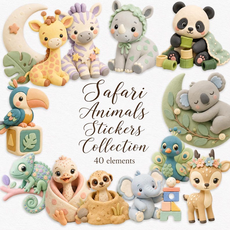 Safari Baby Animals Clipart, Soft Clay Nursery Stickers, 40 Elements ...