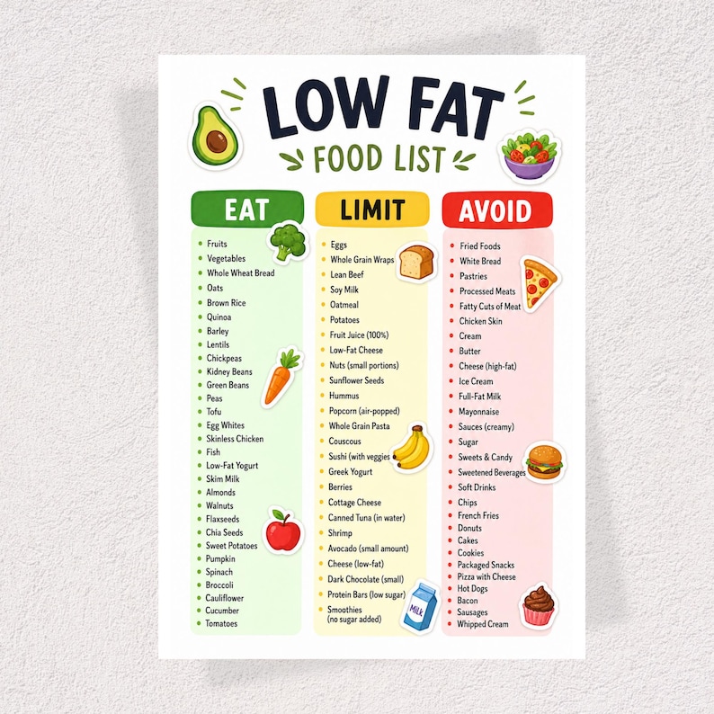 Low Fat Food List Printable | Low-fat Foods Chart | Eat Limit Avoid ...