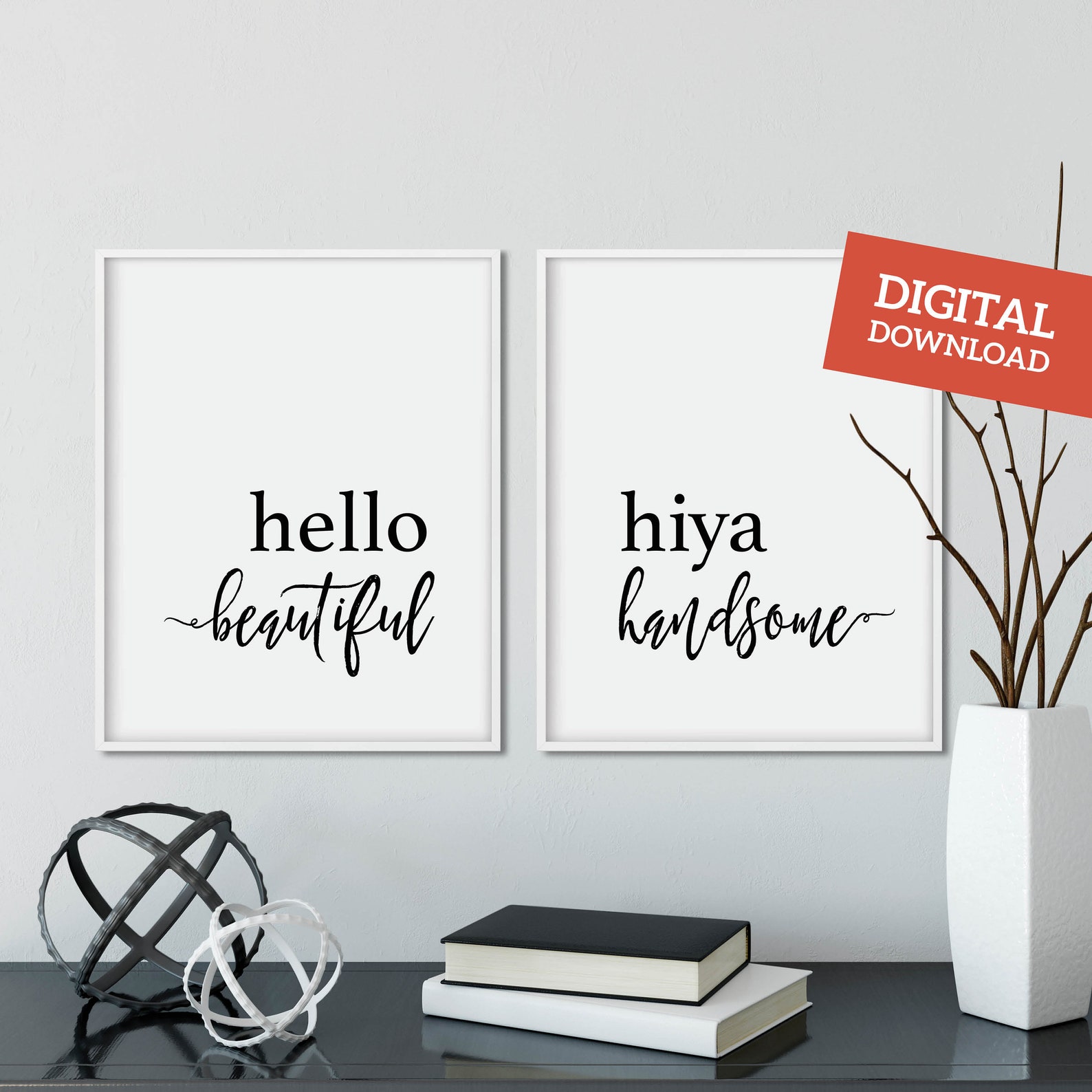 Hello Beautiful Hiya Handsome PRINTABLE Wall Art Set of 2 | Etsy