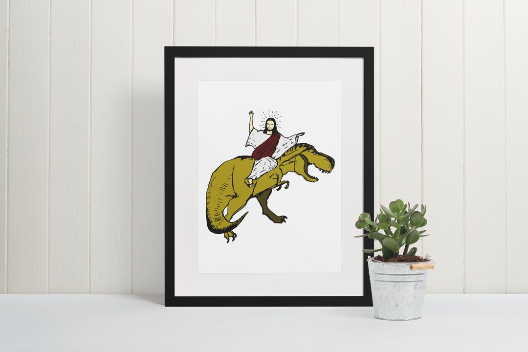 Jesus on T Rex, Funny Poster, God, Poster, Wall Decor, Novelty, Gift ...