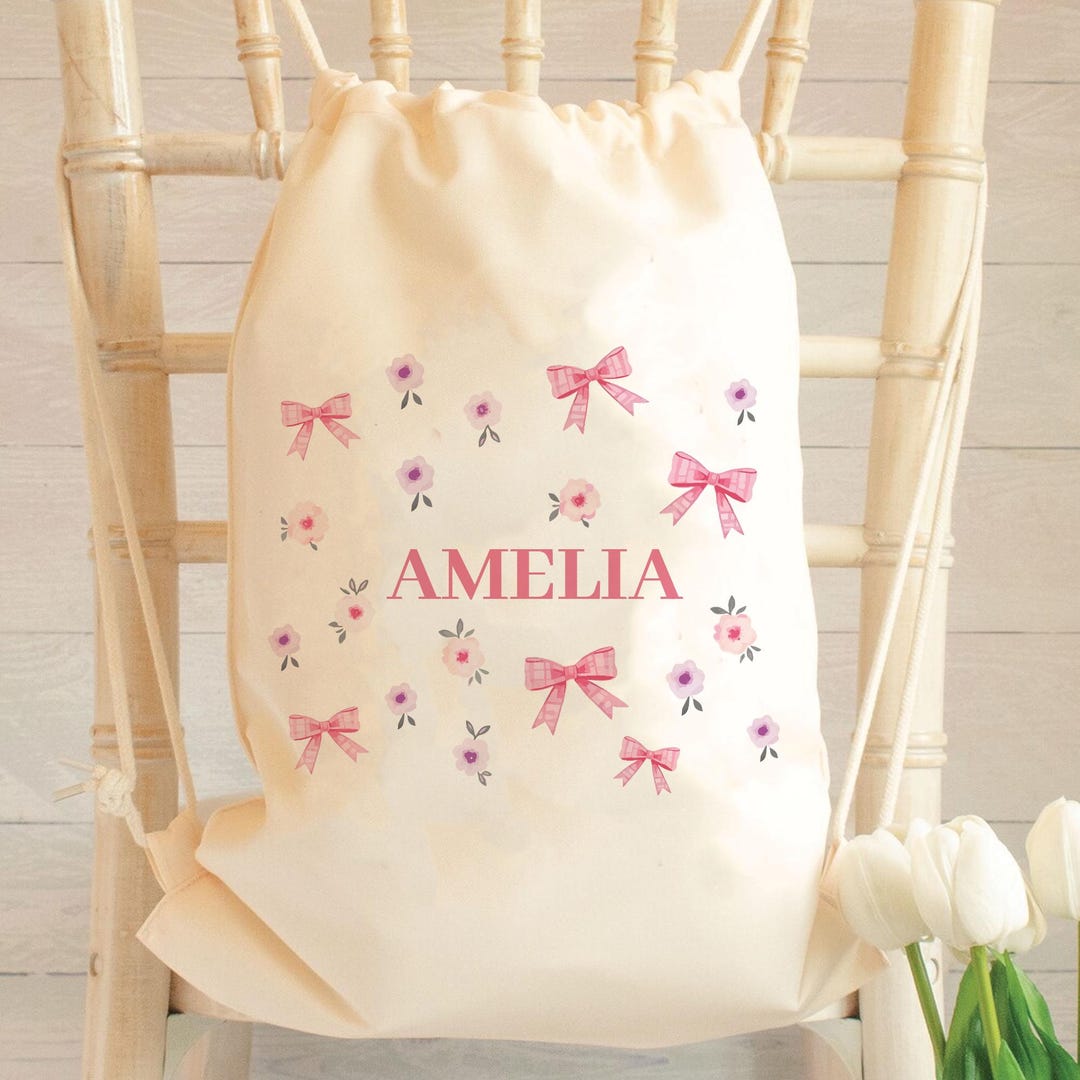 Personalised Bows Bag Kids, Girls Pretty Bows Gym Bag, Girls Drawstring ...